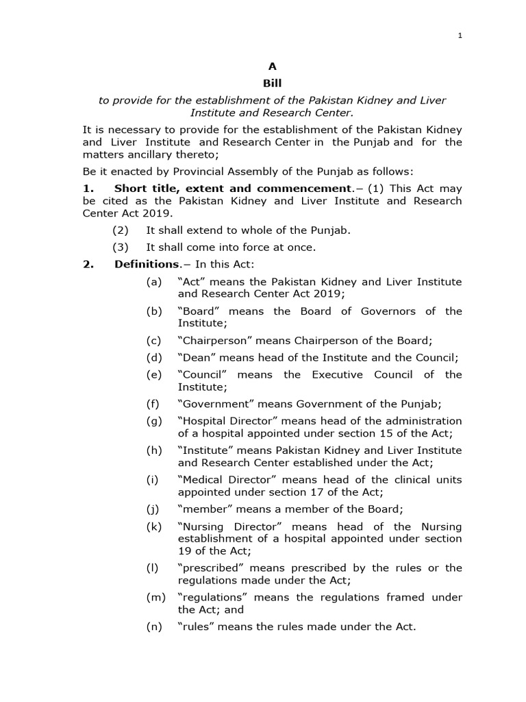 Pakistan Kidney and Liver Institute and Research Center Bill 2019 19 2 2019 PDF | PDF | Nursing ...