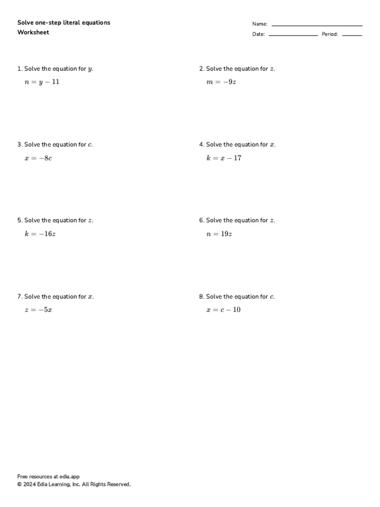 Solve One-Step Literal Equations - Worksheet | PDF | Equations