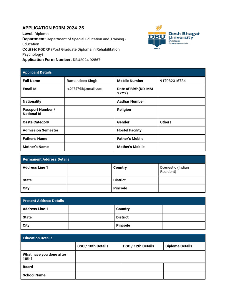 Application Form for PGDRP 2024-25 | PDF | Qualifications | Educational ...
