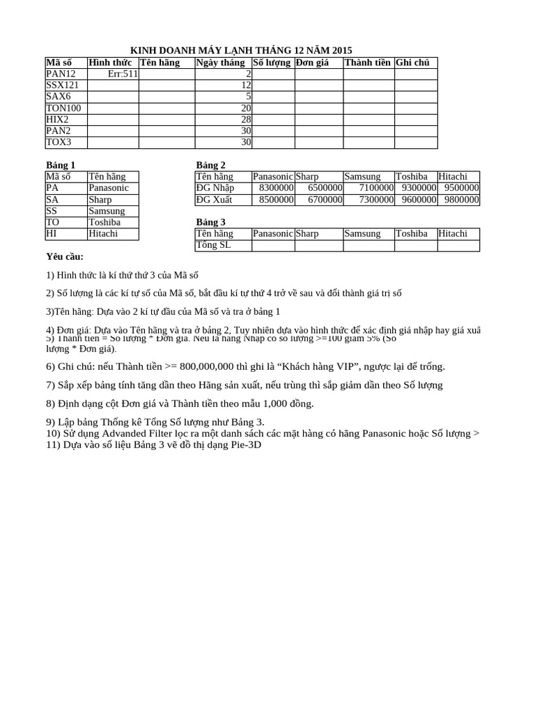 De Thi 10 On Tap Excel | PDF