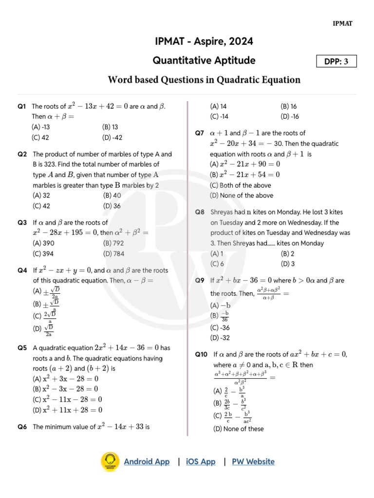 Algebra - DPP 03 - IPMAT Aspire 2025 | PDF | Elementary Mathematics | Mathematical Concepts
