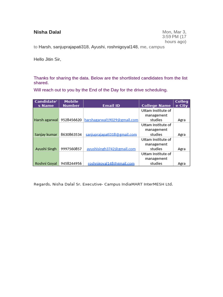 IndiaMart Students Short List | PDF
