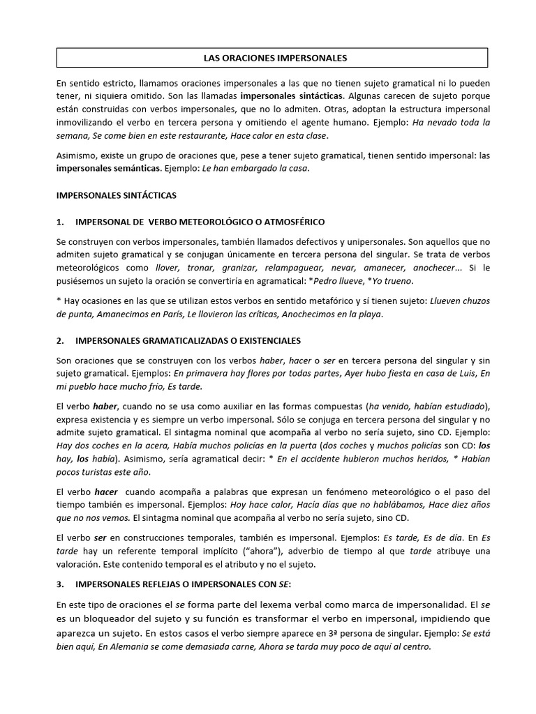 Oraciones Impersonales: Definición y Ejemplos | PDF | Verbo | Asunto ...