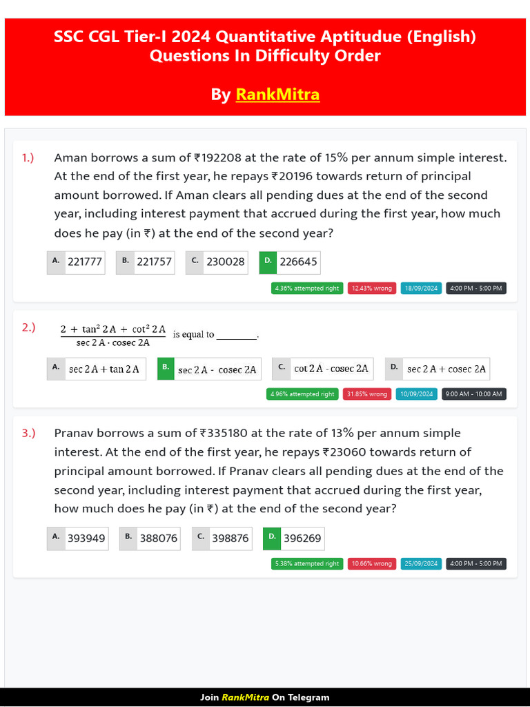 SSC CGL Tier I 2024 Quantitative Aptitudue English Questions In | PDF | Interest | Circle