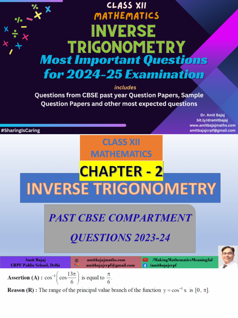 Class XII INVERSE TRIGONOMETRY Most Important Questions For 2024-25 ...