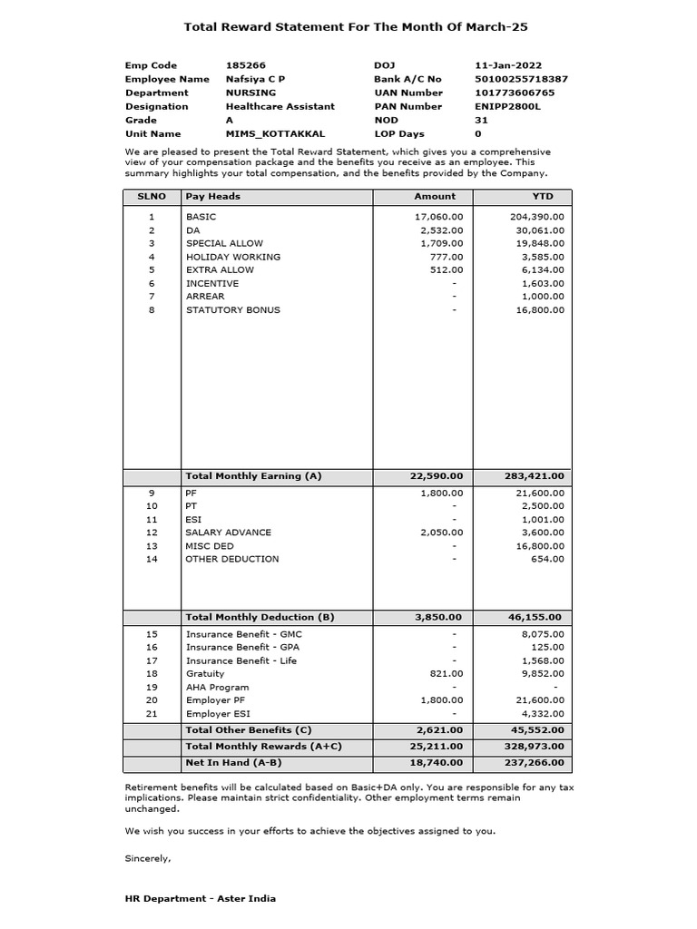 March 2025 Total Reward Statement | PDF | Payments | Employee Relations