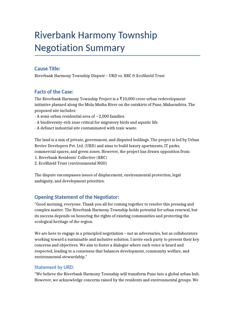 Riverbank Harmony Negotiation Summary | PDF | Environmental Social ...