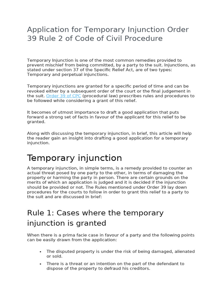 Application For Temporary Injunction Order 39 Rule 2 of Code of Civil ...
