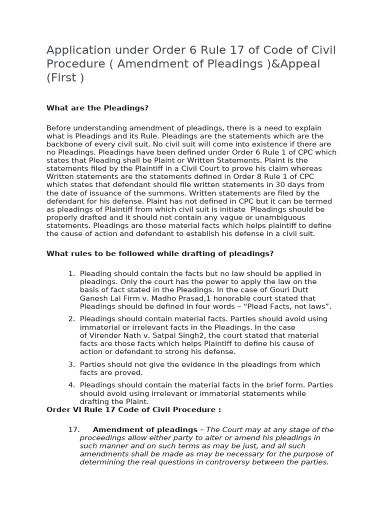 Application Under Order 6 Rule 17 of Code of Civil Procedure and Apeal ...