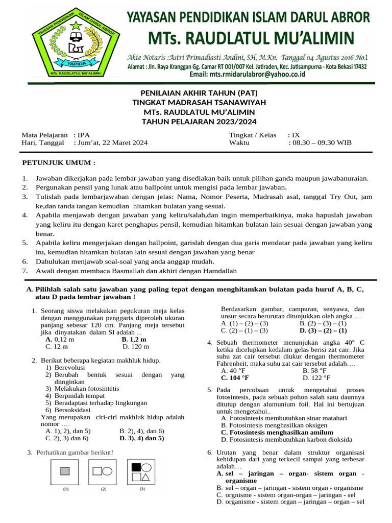 PAT IPA KELAS 9 + Kunci Jawaban | PDF