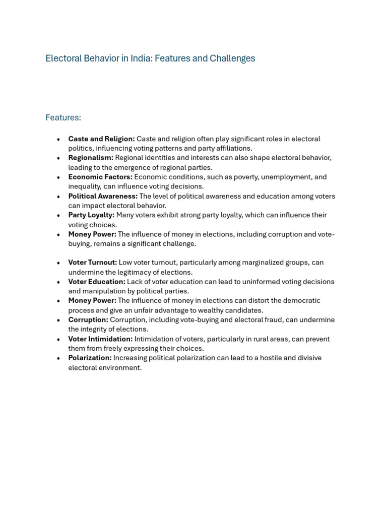 Electoral Behavior in India: Features and Challenges | PDF