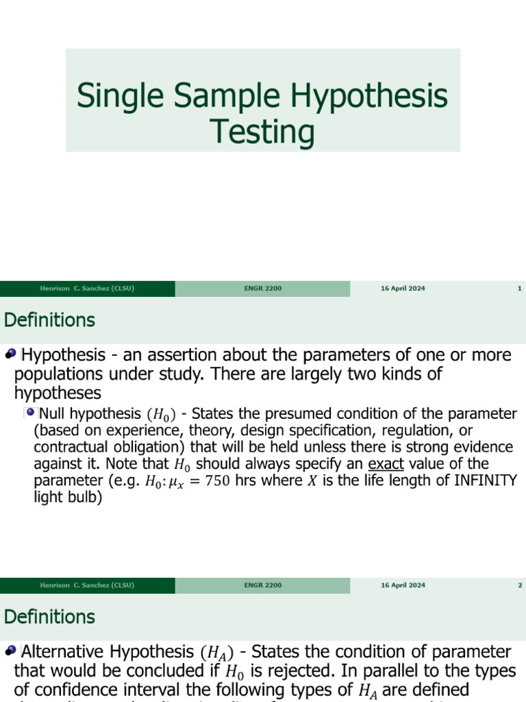 Single Sample Hypothesis Testing Guide | PDF