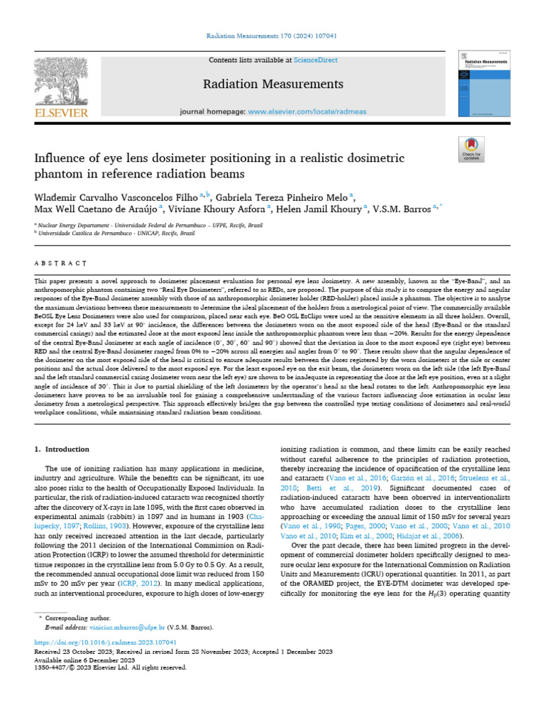Eye Lens Dosimeter Positioning Study | PDF | Dosimetry | Radiation ...