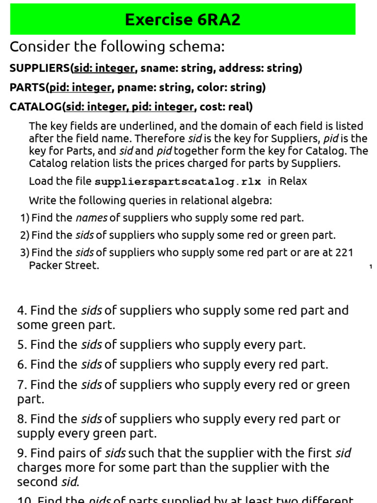 Supplier Queries in Relational Algebra | PDF | Mathematics | Abstract ...