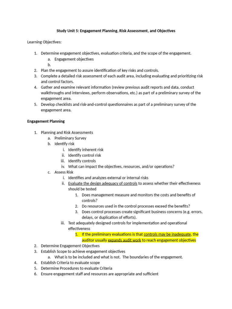 Study Unit 5 Engagement Planning, Risk Assessment, and Objectives | PDF ...