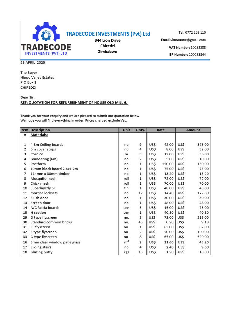 QUOTATION FOR REFURBISHMENT OF HOUSE OLD MILL 6 Revised - 113522 | PDF | Building Engineering ...