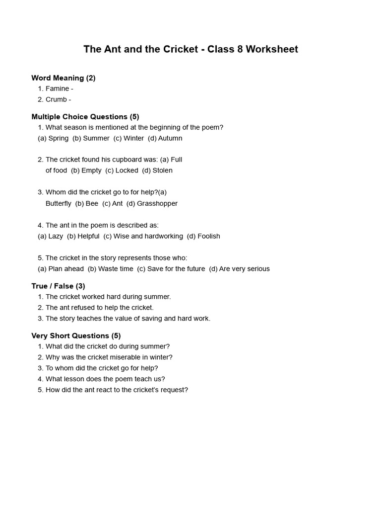 Ant and Cricket Class 8 Worksheet | PDF