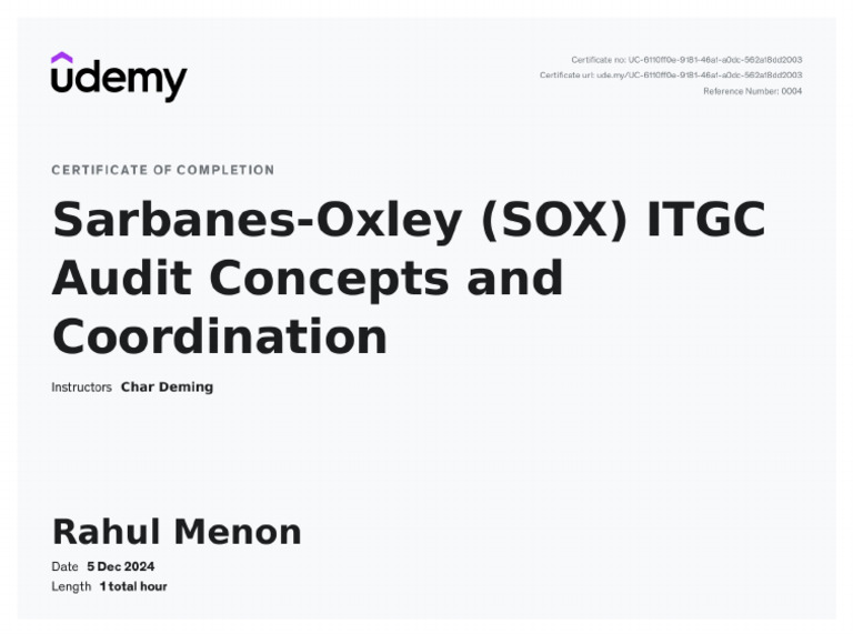 Sarbanes Oxley (SOX) ITGC Audit Concepts and Coordiation Certificate | PDF