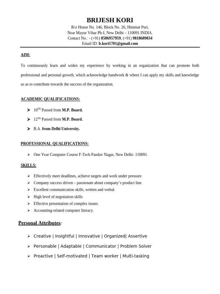 CV For Computer Operator | PDF | Cognition | Communication