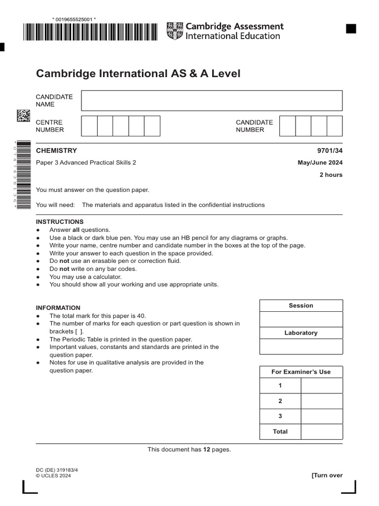 Cambridge International AS & A Level: Chemistry 9701/34 | PDF