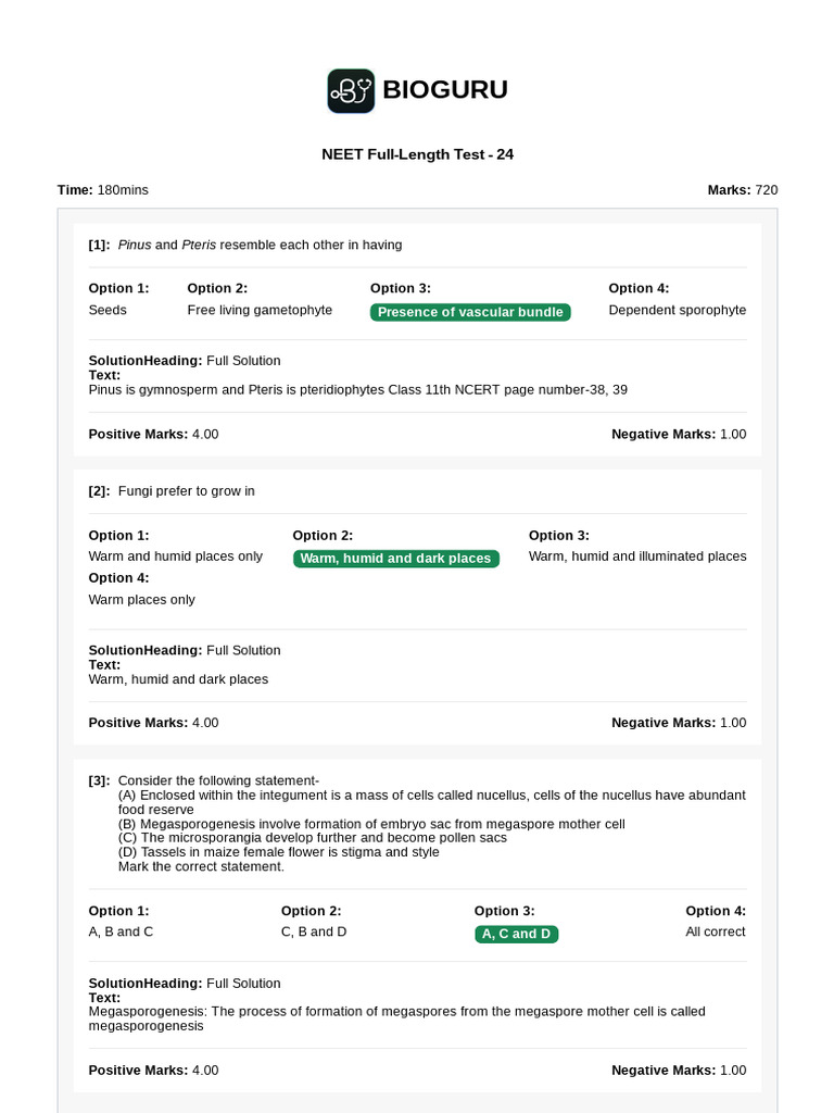 NEET Biology Full-Length Test 24 Solutions | PDF | Meiosis | Biology