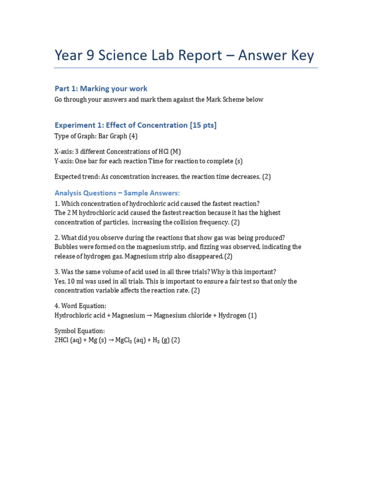 Rate of Reaction Lab Answer Key and Reflection | PDF | Chemical ...