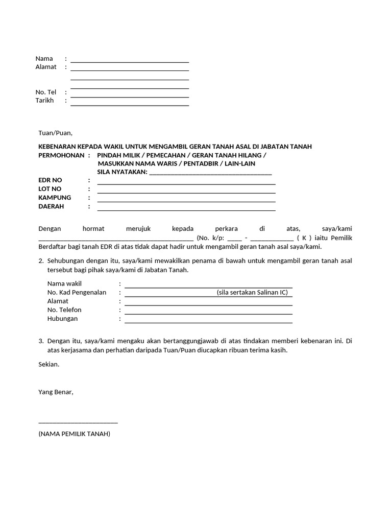 Surat Wakil Ambil Geran Tanah | PDF