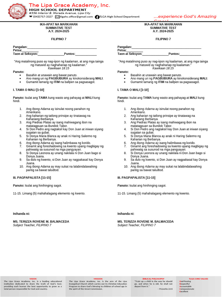 Summative Test Q4 - FILIPINO 7 | PDF