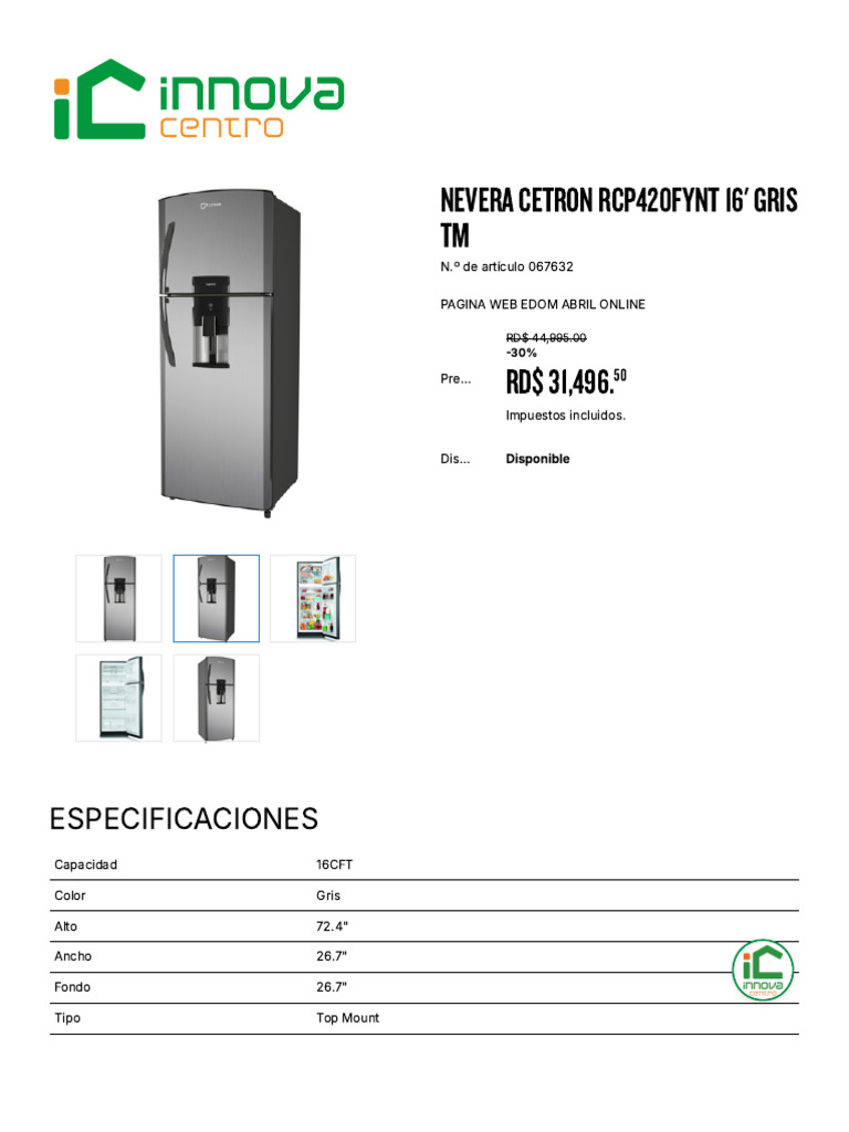 Nevera Cetron RCP420FYNT 16' Gris | PDF