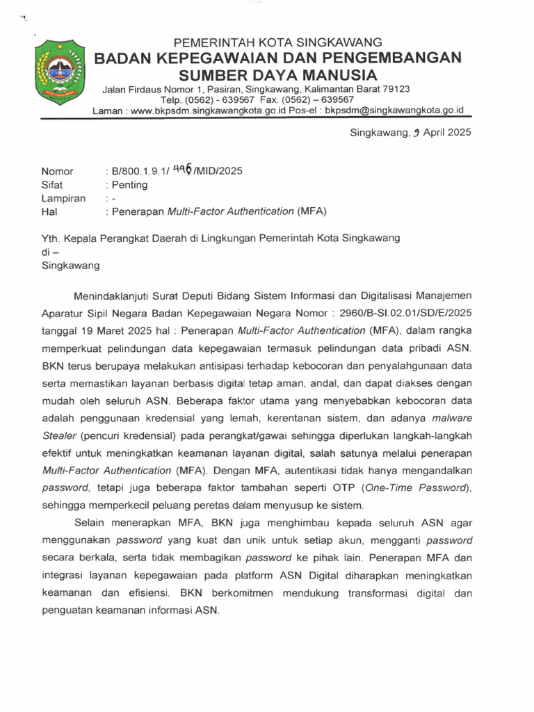 Surat Penerapan MFA ASN Kota Singkawang | PDF