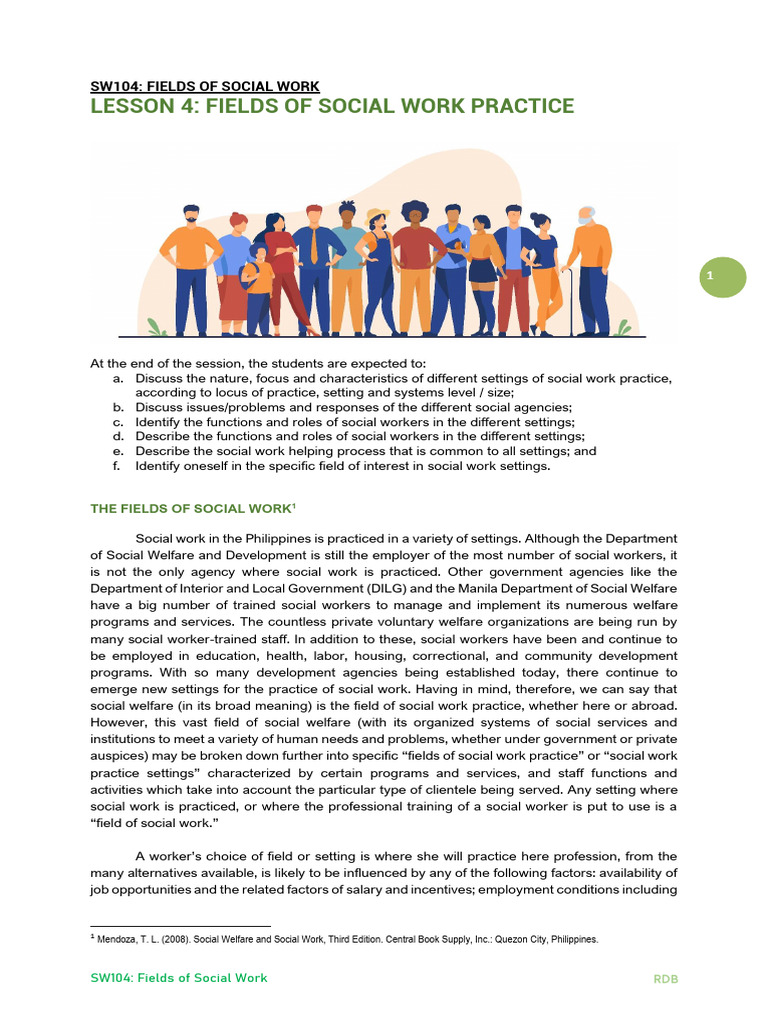 SW104 L4 Fields of Social Work Practice | PDF | Social Work | Mental Health