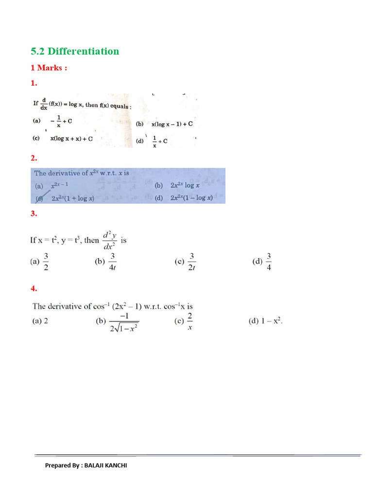 5.2 Differentiation Worksheet | PDF