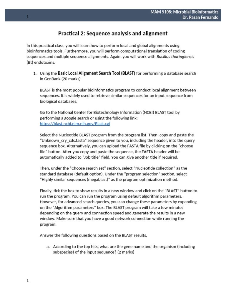 Practical 2 sequence alignment | PDF | Nucleic Acid Sequence | Sequence Alignment