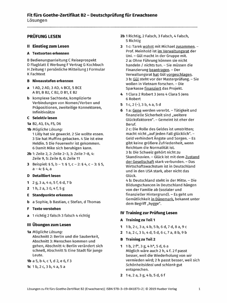 Fit Fürs Goethe Zertifikat B2 - Erwachsene - Lösungen | PDF