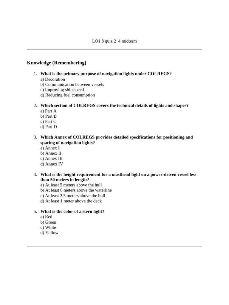 COLREGS Navigation Lights Quiz | PDF | Water Transport | Shipping