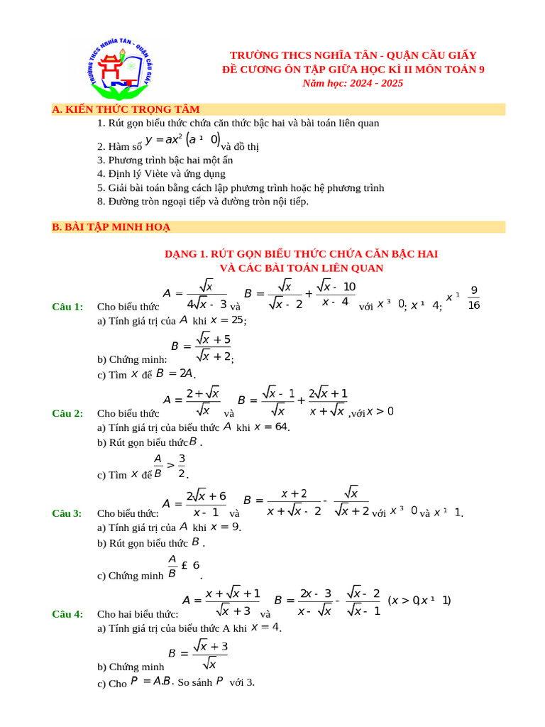 Toán 9-Dc-Gk2-Thcs-Nghĩa Tân-2024-2025 | PDF