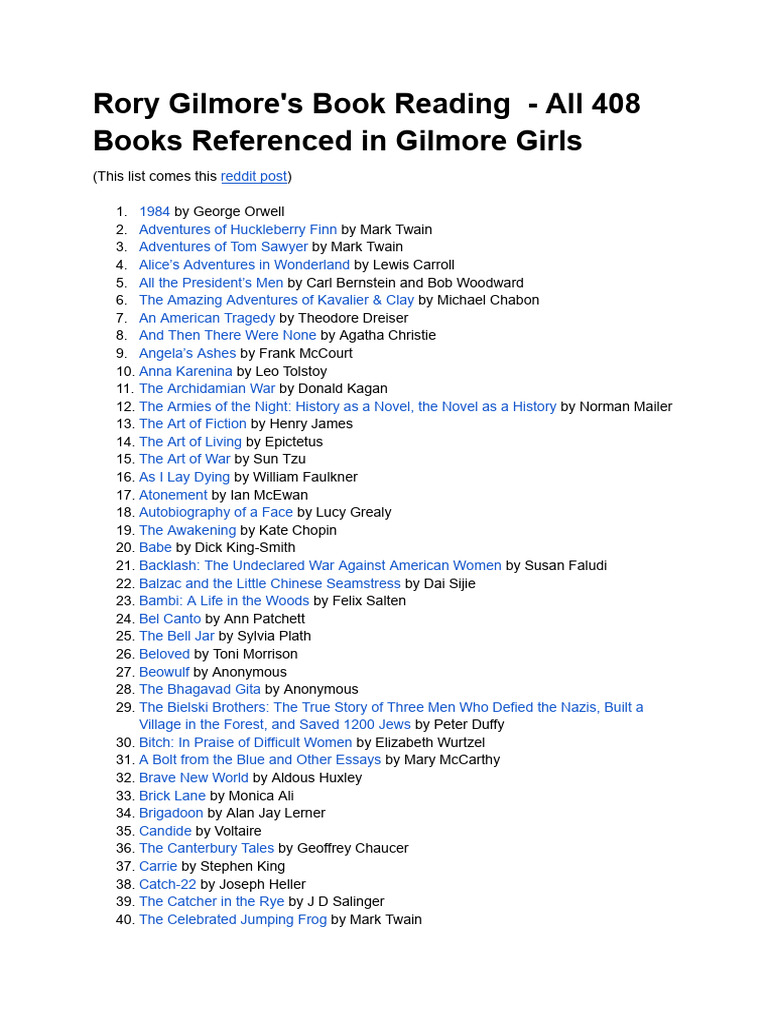 Rory Gilmore's 408 Book List | PDF | Novels