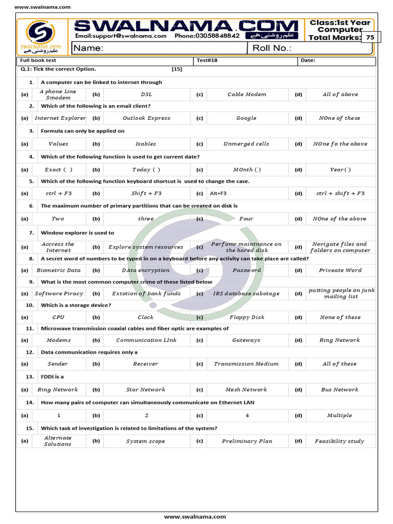 T18 1st Year Computer Science Chapter-Wise Test PDF Full Book Test ...