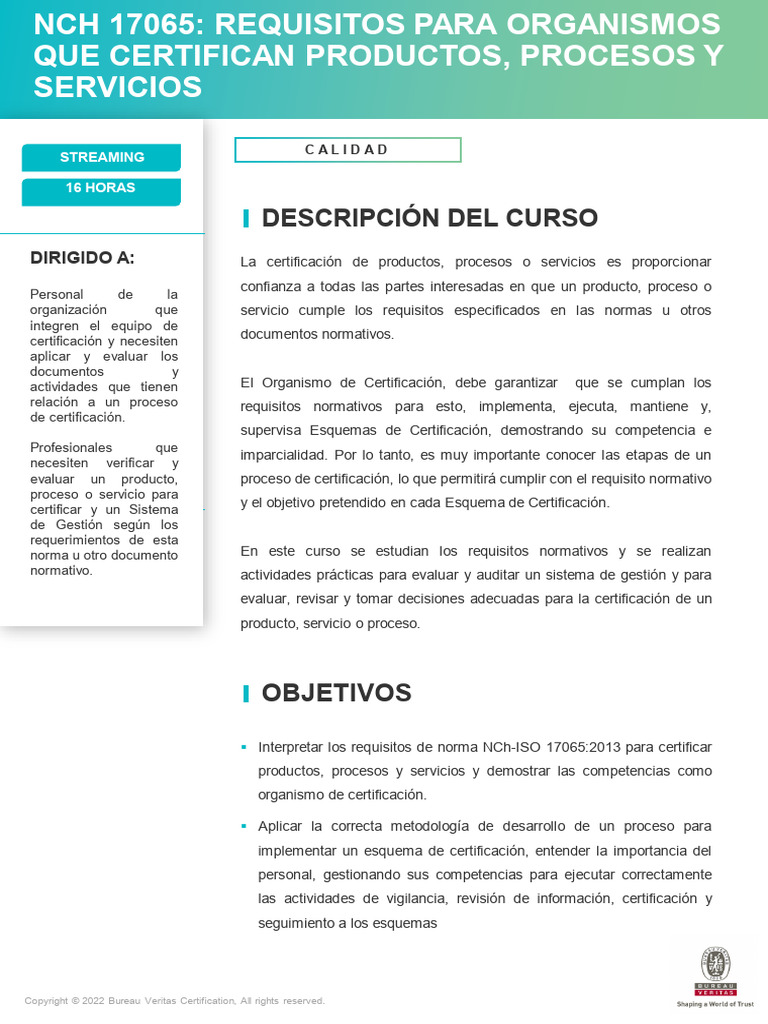 Temario - NCH 17065 Requisitos para Organismos Que Certifican Productos, Procesos y Servicios | PDF