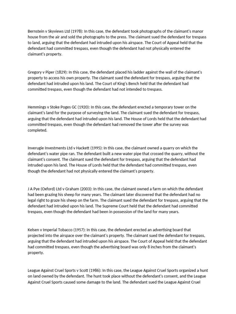Cases of Trespass To Land | PDF | Trespass | Common Law