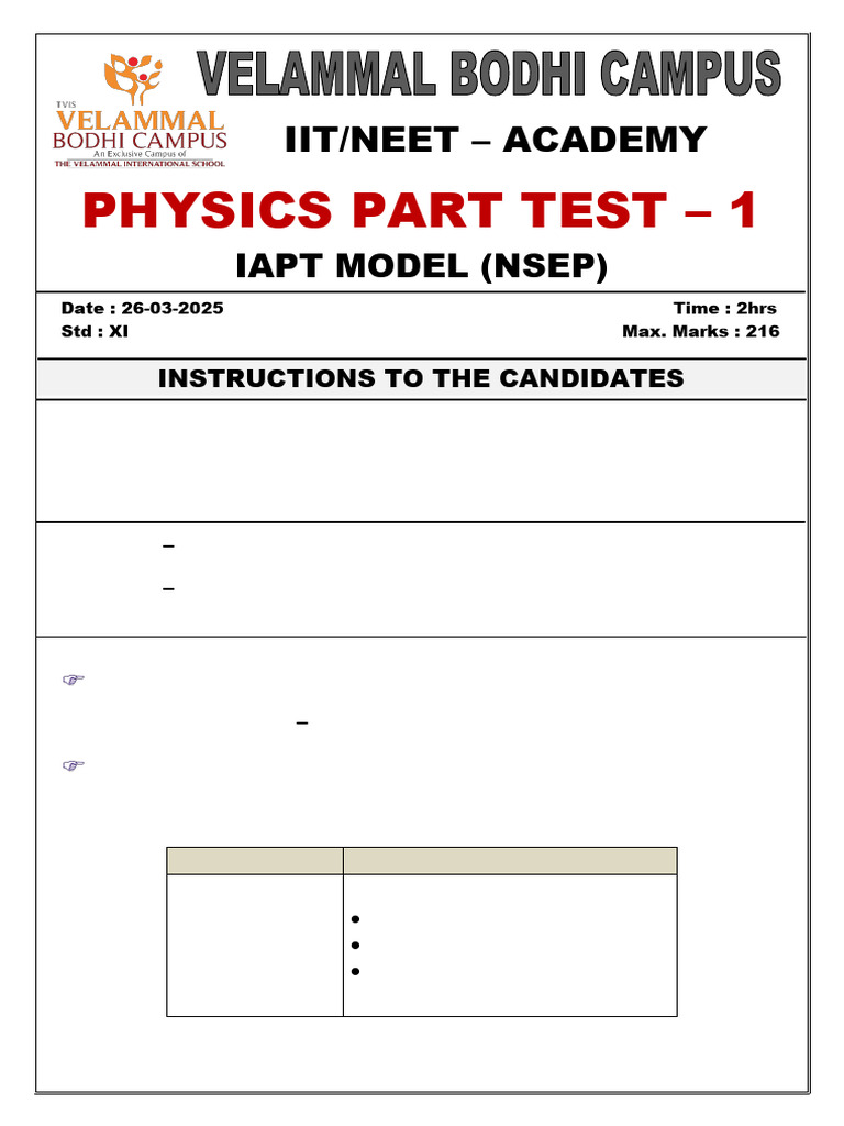 Xi - Physics Iapt Pt-1 Q.P 26.03.2025 (Final) | PDF | Capacitor | Force