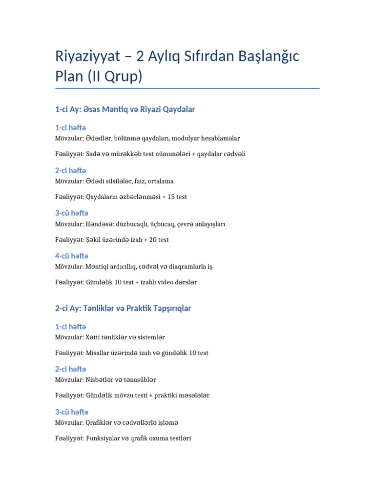 Riyaziyyat Plan 2 Ay | PDF