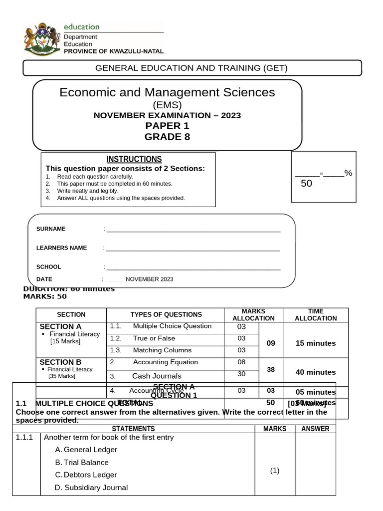 Grade 8 EMS P1 Exam Paper 2023 | PDF | Equity (Finance) | Cash