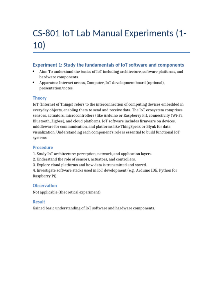 CS-801 IoT Lab Experiments 1 To 10 | PDF