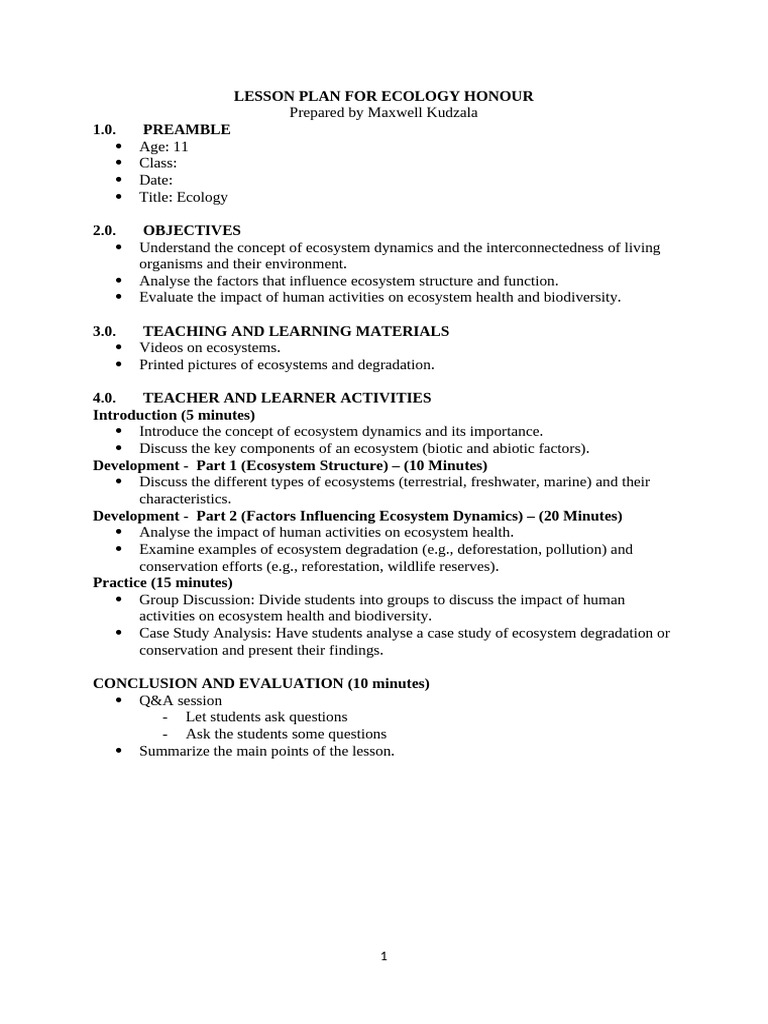 5.3. Lesson Plan For Ecology Honour | PDF