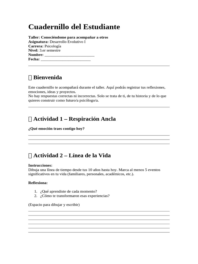 Cuadernillo del Estudiante: Taller de Psicología | PDF