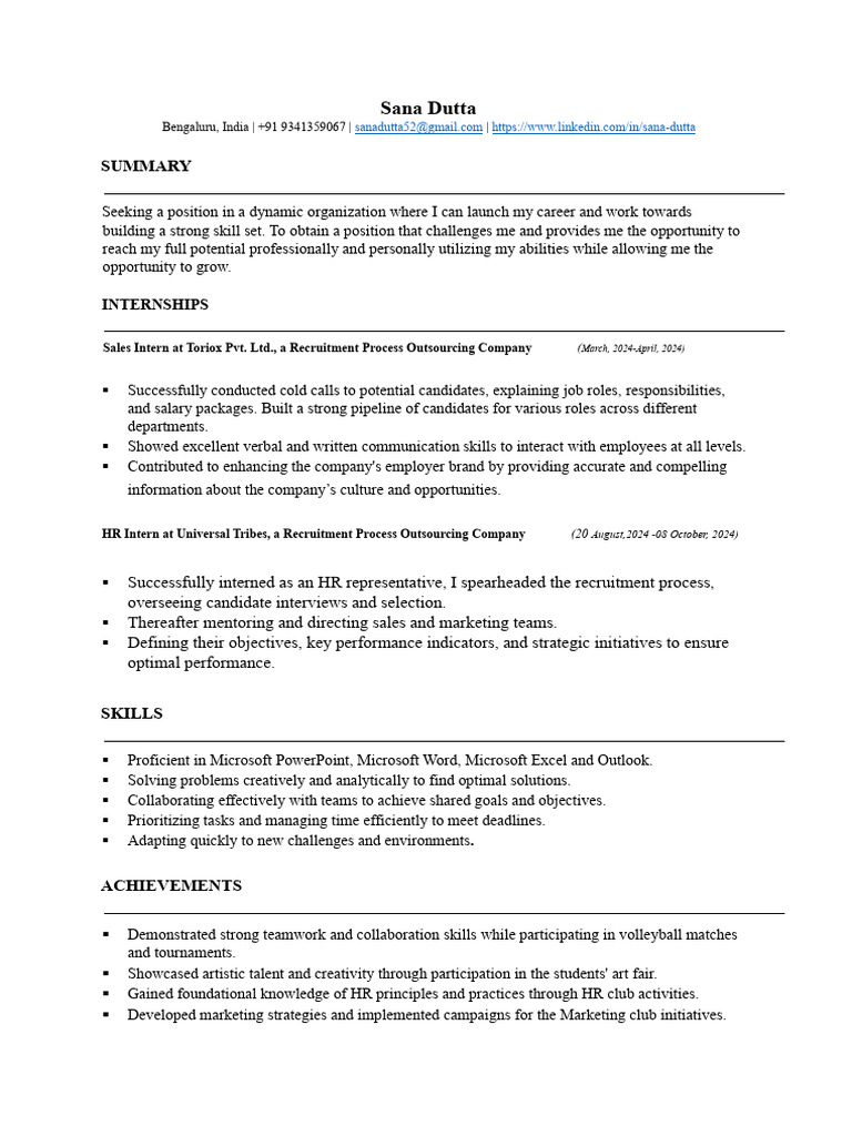 Sana Dutta Resume (FO) 6 | PDF | Recruitment | Marketing