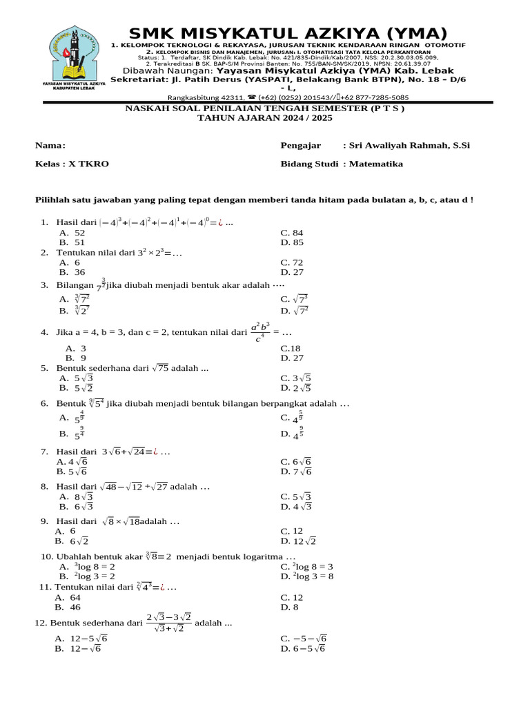SOAL PTS MATEMATIKA X TKRO GANJIL 2024-2025 | PDF