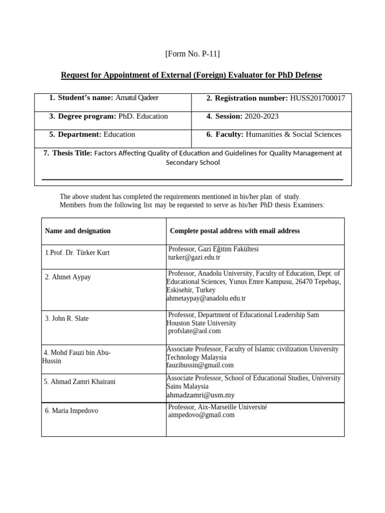 Form - P-11-UPDATED-Amatul Qadeer-Ph.D-Thesis | PDF | Academic Degree ...