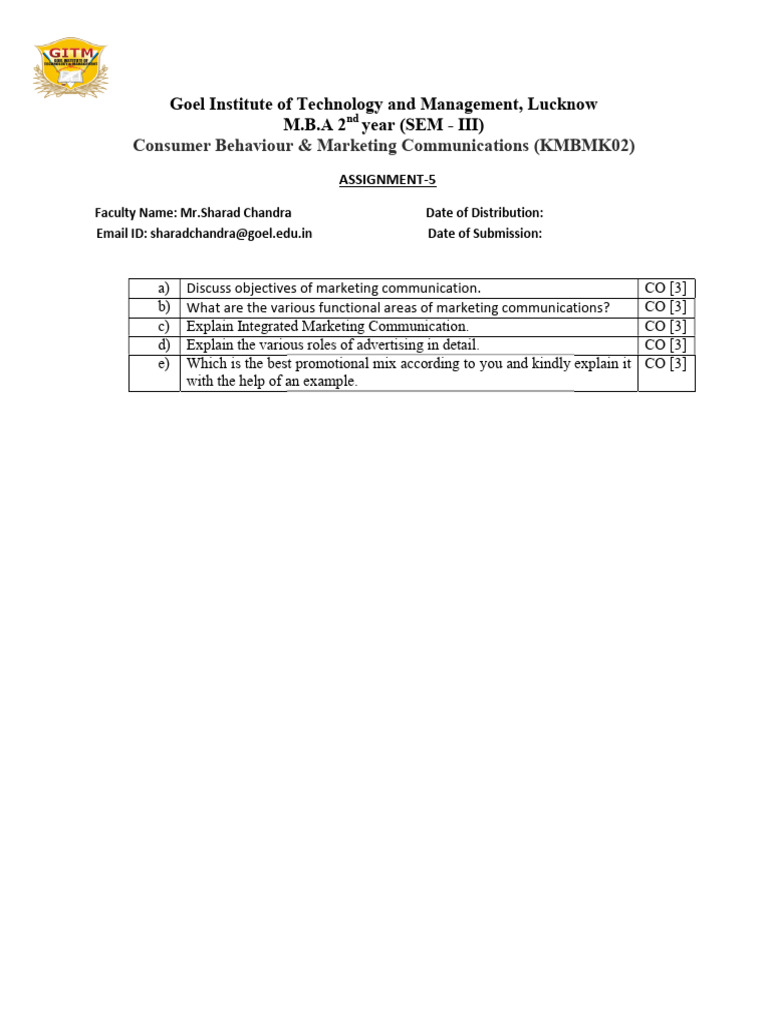 ASSIGNMENT-5 Consumer Behaviour & Marketing Communications (KMBMK02) | PDF
